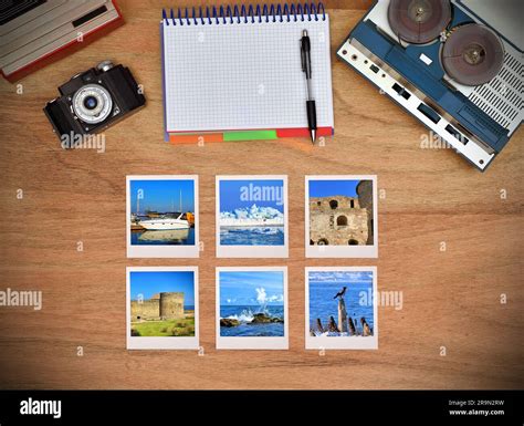 Old Retro Reel Tape Recorder Vintage Radio Retro Camera On Wooden Table Six Travel Foto Card