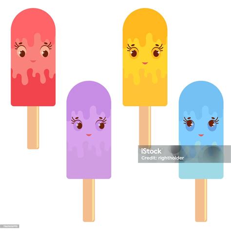 오렌지 유약 핑크 블루 보라색으로 이슬비 플랫 컬러 고립 만화 아이스크림 세트 나무 막대기에 흰색 배경에 그림 갈색에 대한 스톡 벡터 아트 및 기타 이미지 Istock
