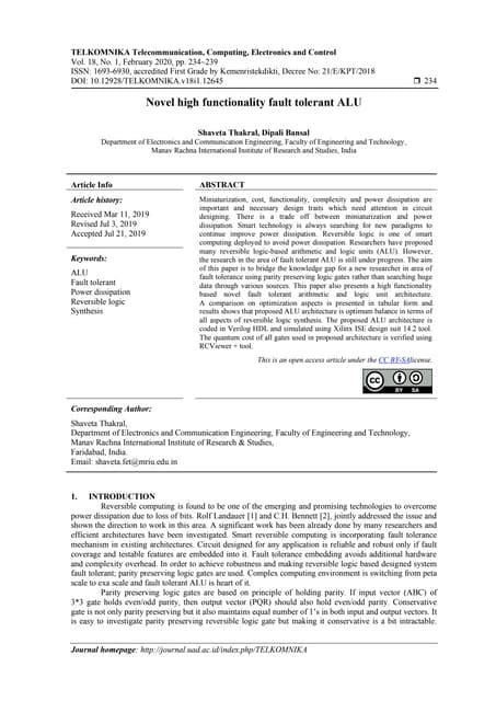 High Functionality Reversible Arithmetic Logic Unit Pdf