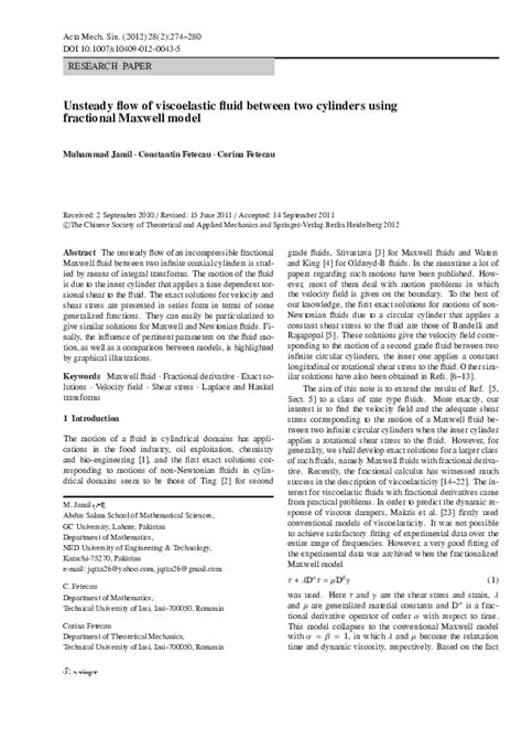 Pdf Unsteady Flow Of Viscoelastic Fluid Between Two Cylinders Using Fractional Maxwell Model