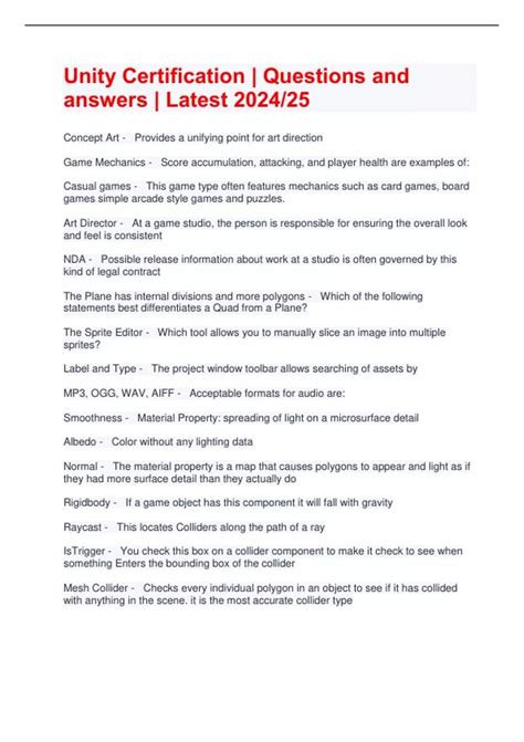 Unity Certification Questions And Answers Latest 202425 Unity