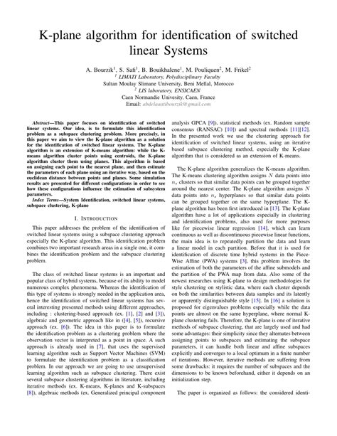 Pdf K Plane Algorithm For Identification Of Switched Linear Systems