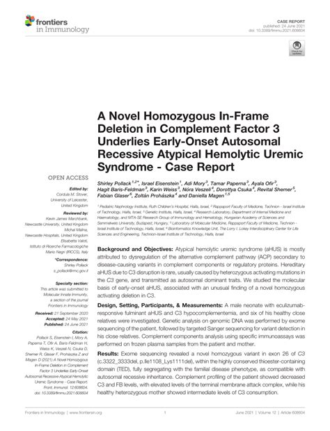 Pdf A Novel Homozygous In Frame Deletion In Complement Factor 3 Underlies Early Onset