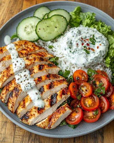Mediterranean Grilled Chicken Plate With Garlic Herb Yogurt And Tomato Salad Healthy Recipes