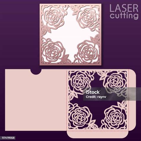 장미의 패턴다이 레이저 컷 웨딩 카드 벡터 템플릿 레이스 프레임이 있는 초대 봉투 웨딩 레이스 초대 모형입니다 다이 컷 포켓 봉투 템플릿 꽃 식물에 대한 스톡 벡터 아트 및