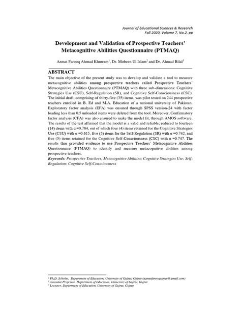 Developmentand Validationof Prospective Teachers Metacognitive Abilities Questionnaire Ptmaq