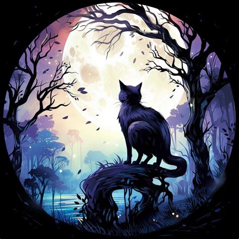 Black Cat In Moonlit Forest Watercolor For Tshirt Design Premium Ai