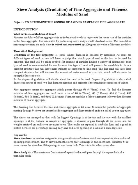 Sieve Analysis Gradation Of Fine Aggregate And Fineness Modulus Of Sand Pdf Sand Materials