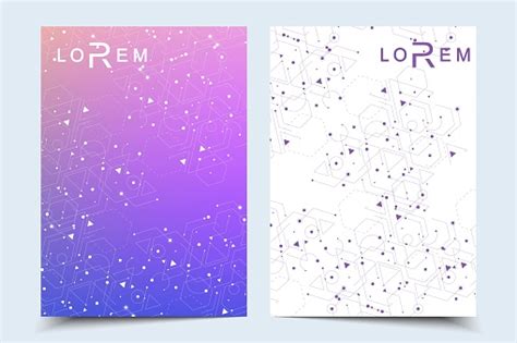 과학 브로셔 디자인 템플릿 벡터 전단지 레이아웃 연결된 선과 점이있는 분자 구조 잡지 전단지 표지 포스터 디자인을위한 요소와 과학 패턴 원자 Dna 0명에 대한 스톡 벡터