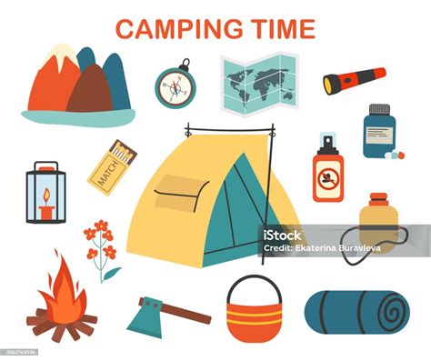 피크닉 캠핑을 위한 요소 세트 산에서 야외 레크리에이션을 위한 아이템 지도 나침반 도끼 성냥 벡터 일러스트 레이 션입니다 개체 그룹에 대한 스톡 벡터 아트 및 기타 이미지