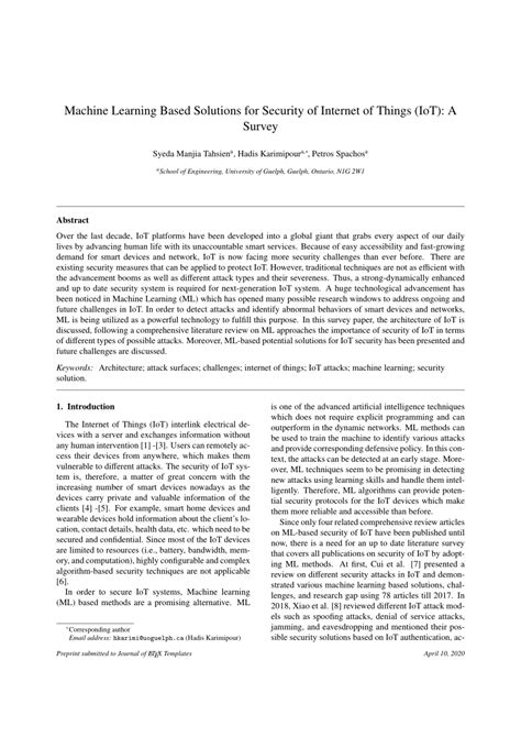 Pdf Machine Learning Based Solutions For Security Of Internet Of