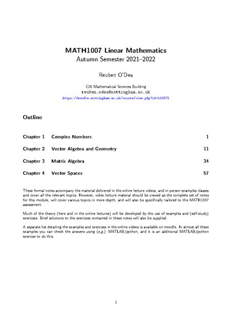 Linear Autumn Semester Notes Math1007 Linear Mathematics Autumn