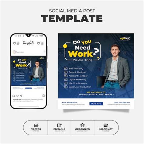 모집 및 채용 공석 소셜 미디어 게시물 전단지 및 배너 템플릿 프리미엄 벡터