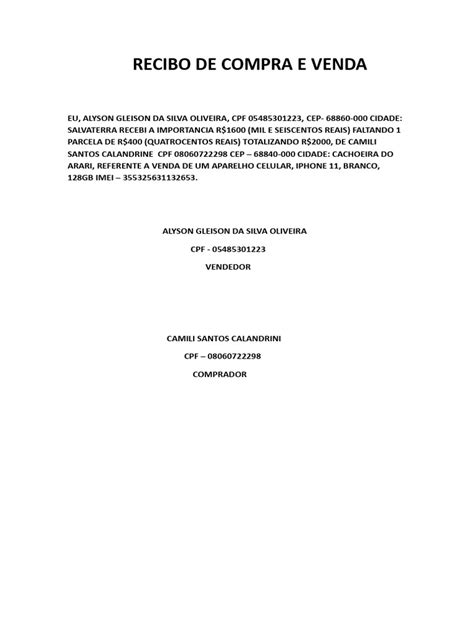 Recibo De Venda De Iphone 11 Pdf