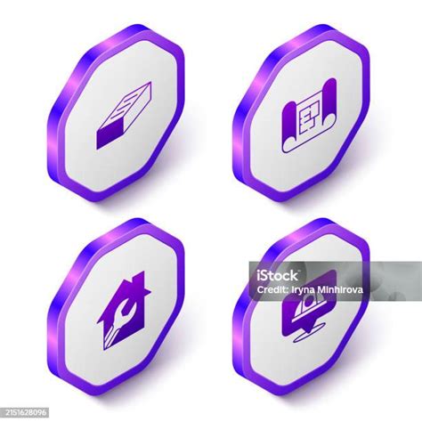 등각 투영 벽돌 집 계획 렌치 스패너 및 작업자 안전 헬멧 아이콘을 설정합니다 보라색 육각형 버튼 벡터 3차원 형태에 대한 스톡 벡터 아트 및 기타 이미지 Istock