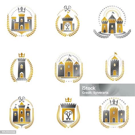 고 대 성 엠 블 럼 세트입니다 전 령 팔의 외 투 장식 격리 벡터 일러스트 컬렉션에 서명합니다 0명에 대한 스톡 벡터 아트 및