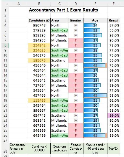 Excel | Conditional formatting exercise | Colour and format rows of data according to the values ...
