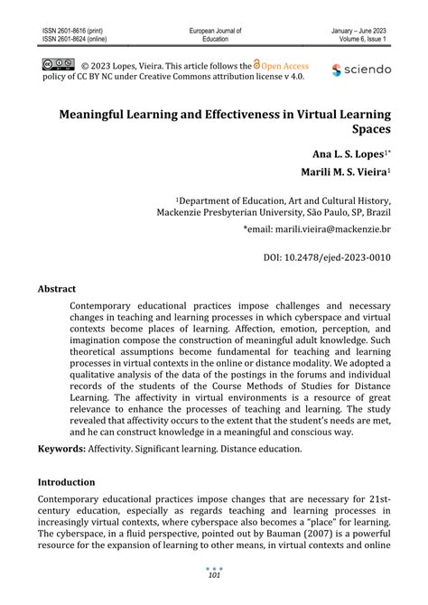 pdf meaningful learning and effectiveness in virtual learning spaces