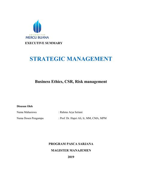 10, SM, Rahma Arya S, Hapzi Ali, Strategic Management: Business Ethics ...