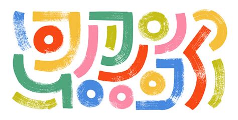 브러시는 대담한 기하학적 모양 다채로운 선과 원을 그렸습니다 손으로 그린 그런지 낙서 요소 거친 질감의 순진하고 장난기 넘치는 추상적 인 모양 추상적인 트렌디한 기하학적