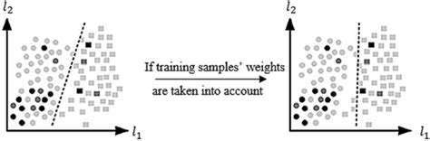 illustration of a weighted left and non weighted right classifier