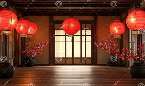 Traditional Asian Interior With Red Lanterns Floral Arrangements Wooden Flooring And Sliding