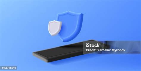 파란색 배경 3d에 방패가 있는 스마트폰 개인 데이터의 보호 및 보안의 개념 현대 미래 배너입니다 보안 응용 프로그램 3차원