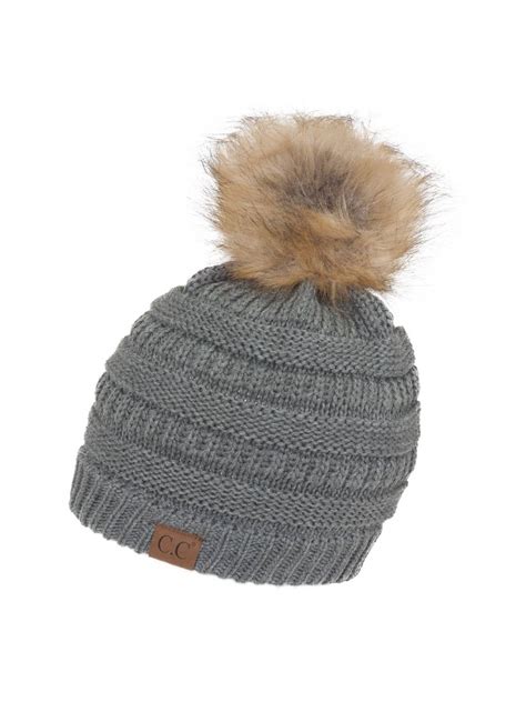 Gravity Threads Cable Knit Faux Fur Pom Pom Beanie Hat Light Melange