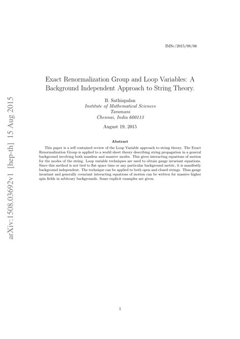 Pdf Exact Renormalization Group And Loop Variables A Background Independent Approach To