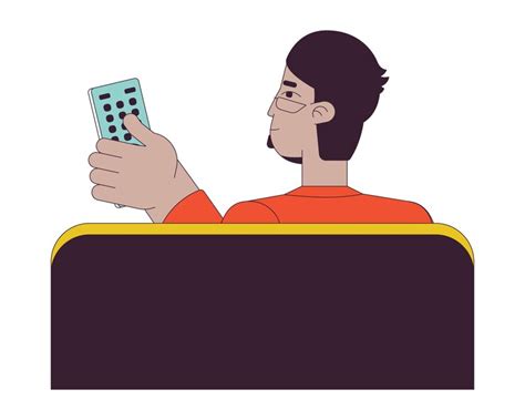 아랍 안경 남자 채널 전환 Tv 2d 선형 만화 캐릭터 중동 수염 남자가 Tv 리모컨을 들고 고립된 선 ⁇ 터 사람 ⁇ 배경 색상 평평한 점 일러스트 프리미엄 벡터
