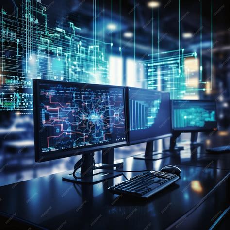 Premium Photo Photo Computer Screens On Desk In Empty Data Room And Computers In Background