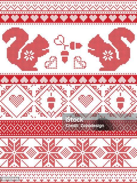 스칸디나비아와 노르웨이 크리스마스 문화 축제 겨울 크로스 다람쥐 도토리 사랑 마음 눈송이 스퀘어 스티치 패턴에서 빨간색과 흰색 장식 타일 영감 십자수에 대한 스톡 벡터 아트