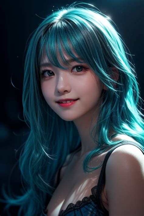 Teenage Girl Blue Hair Dark Image Created By Bun Tensorart