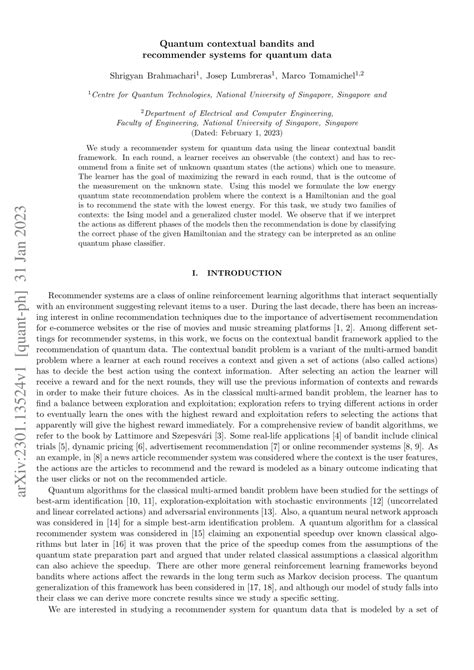 Pdf Quantum Contextual Bandits And Recommender Systems For Quantum Data
