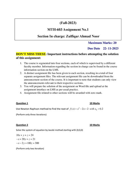 Assignment 1 Mth 603 Zan Fall 2023 Mth 603 Assignment No Section