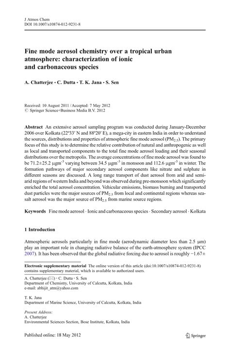 Pdf Fine Mode Aerosol Chemistry Over A Tropical Urban Atmosphere