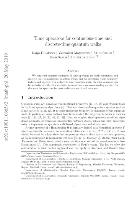 Pdf Time Operators For Continuous Time And Discrete Time Quantum Walks