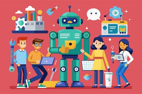 A Group Of Individuals Collaborates Around A Customizable Robot In A Vibrant Workspace Setting