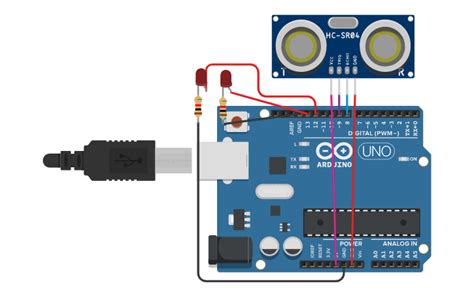 Circuit Design Water Level Indicator With 2 Leds And Ultrasonic Sensor Tinkercad