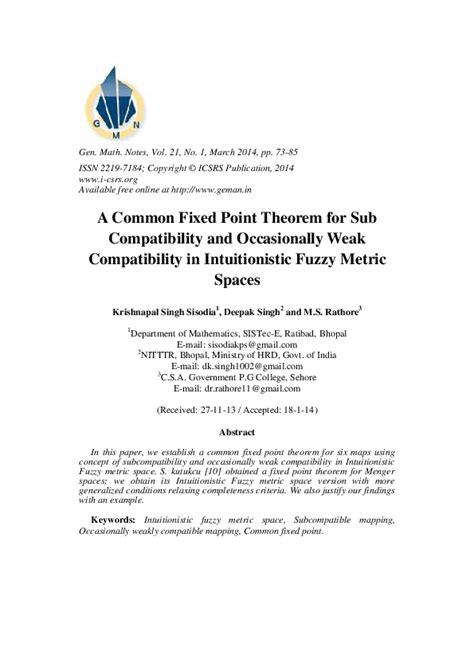 Pdf A Common Fixed Point Theorem For Sub Compatibility And Occasionally Weak Compatibility In