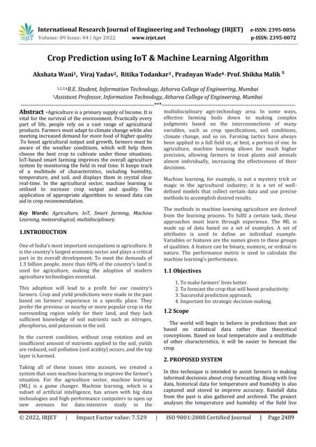 Crop Prediction Using Iot And Machine Learning Algorithm Pdf