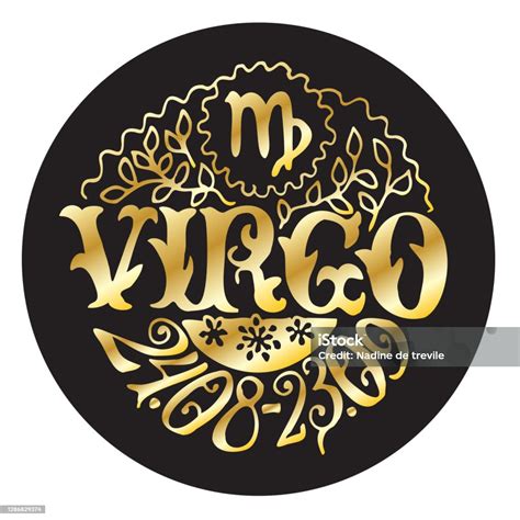 조디악 사인 처녀자리 아르 데코 스타일의 별자리 벡터 일러스트레이션 골드 핸드 레터링라운드 블랙 백 이 구성은 꽃 장식으로 장식되어 있습니다 천문학 적 데이터 0명에 대한