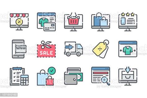 쇼핑 및 온라인 상점 관련 컬러 라인 아이콘 세트 전자 상거래 선형 아이콘입니다 상점 과 소매 다채로운 윤곽 벡터 기호 컬렉션 가방에 대한 스톡 벡터 아트 및 기타 이미지