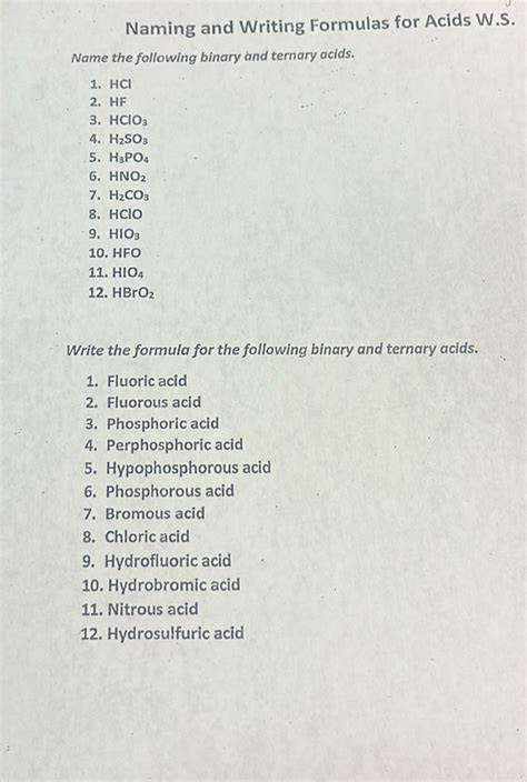 naming and writing formulas for acids w s name the following binary
