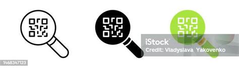 돋보기 세트 아이콘이 있는 Qr 코드 스티커 제품 라벨링 암호화 된 정보 스캐너 스캔 바코드 구매 구매 쇼핑 선에 있는 벡터 아이콘 흰색 배경에 검은색과 화려한 스타일 Qr