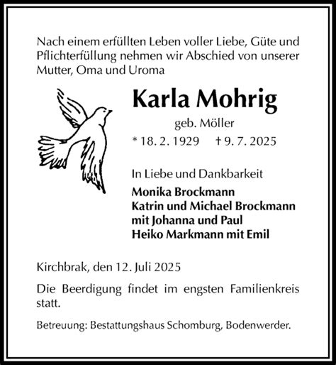 Traueranzeigen Von Karla Mohrig Trauer Anzeigen De