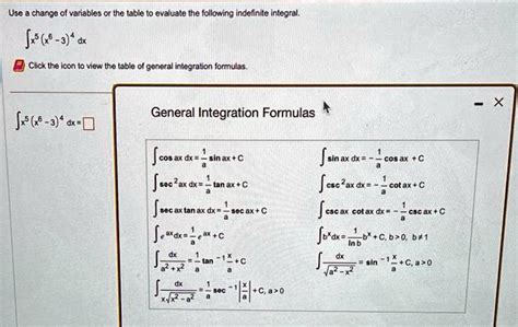 Use A Change Of Variables Or The Table To Evaluate The Following Indefinite Integral X X Click