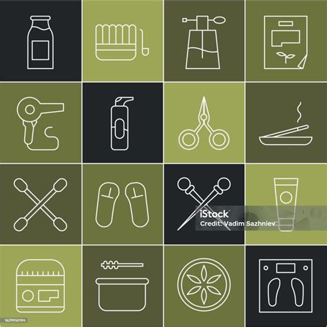 세트 라인 욕실 저울 크림 또는 로션 화장품 튜브 향기로운 스파 스틱 향수 헤어 스프레이 스프레이 캔 헤어 드라이어 우유 및 가위 아이콘과 병 벡터 가위에 대한 스톡 벡터
