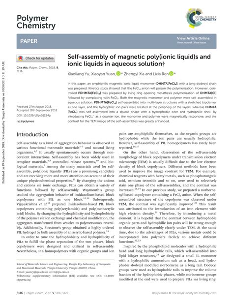 Pdf Self Assembly Of Magnetic Poly Ionic Liquid S And Ionic Liquids In Aqueous Solution