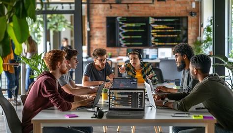 dynamic software development team collaborating in a modern coworking